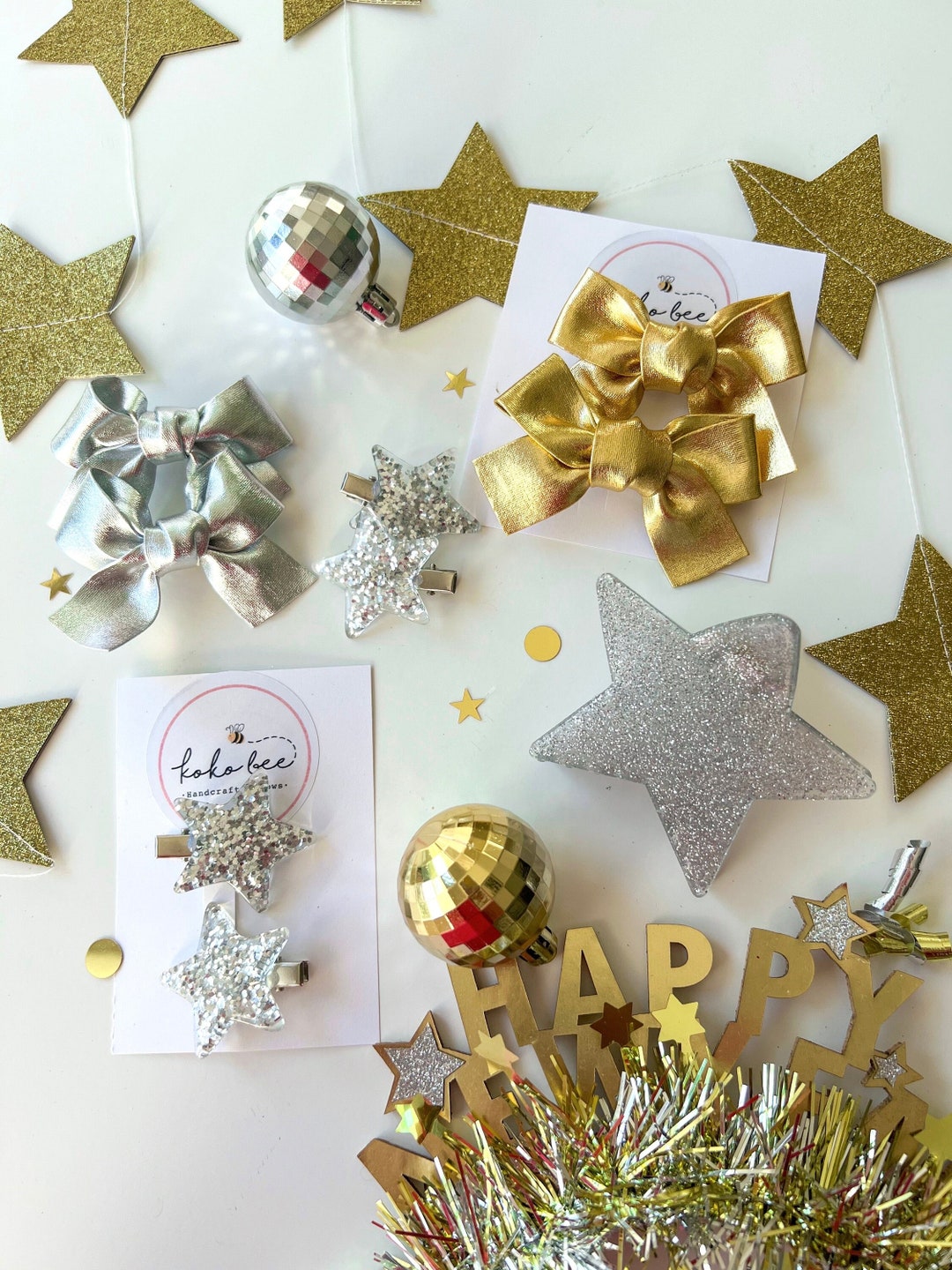 Star Hair Clips & Gold and Silver Pigtail Bows/nye/new Years/holidays ...