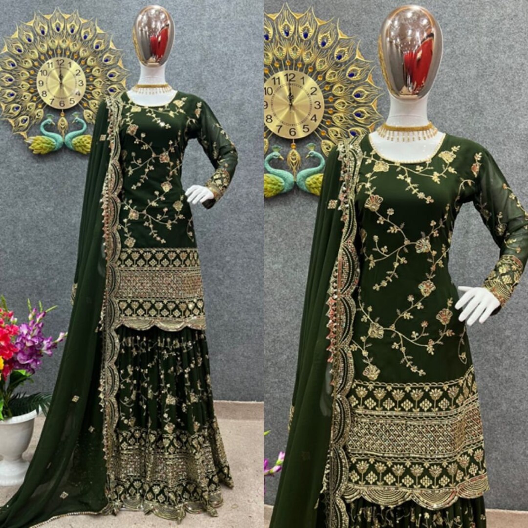 Designer Mehndi Green Sharara Suits With Heavy Embroidery Work - Etsy