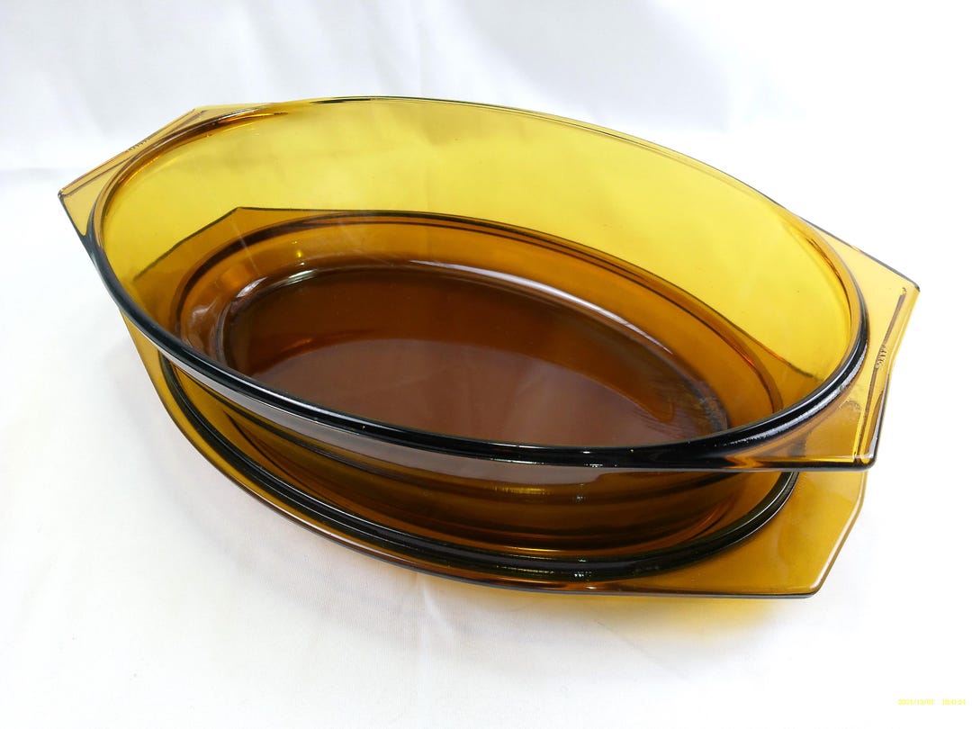 Vintage Mid-century Acropal Amber Glass Casserole Baking Dish & Trivet ...