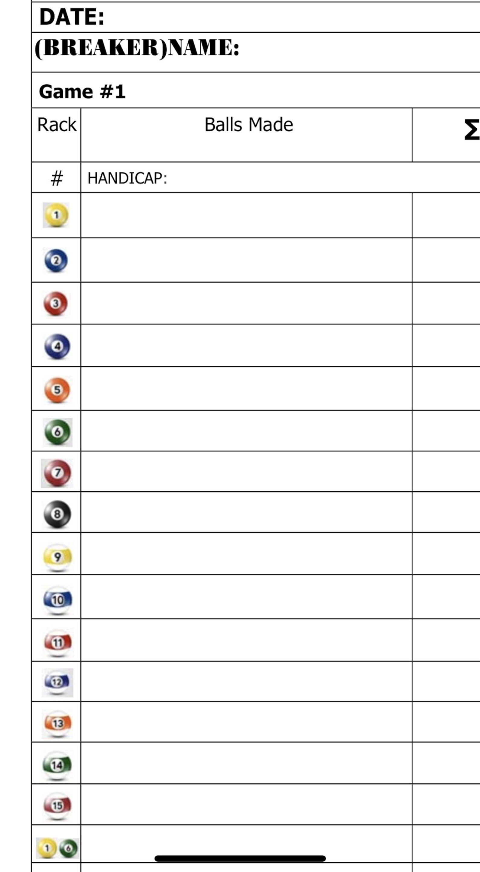 Printable Straight Pool Score Sheet, Doc, Pdf Format, Billiard, Pool 14 ...