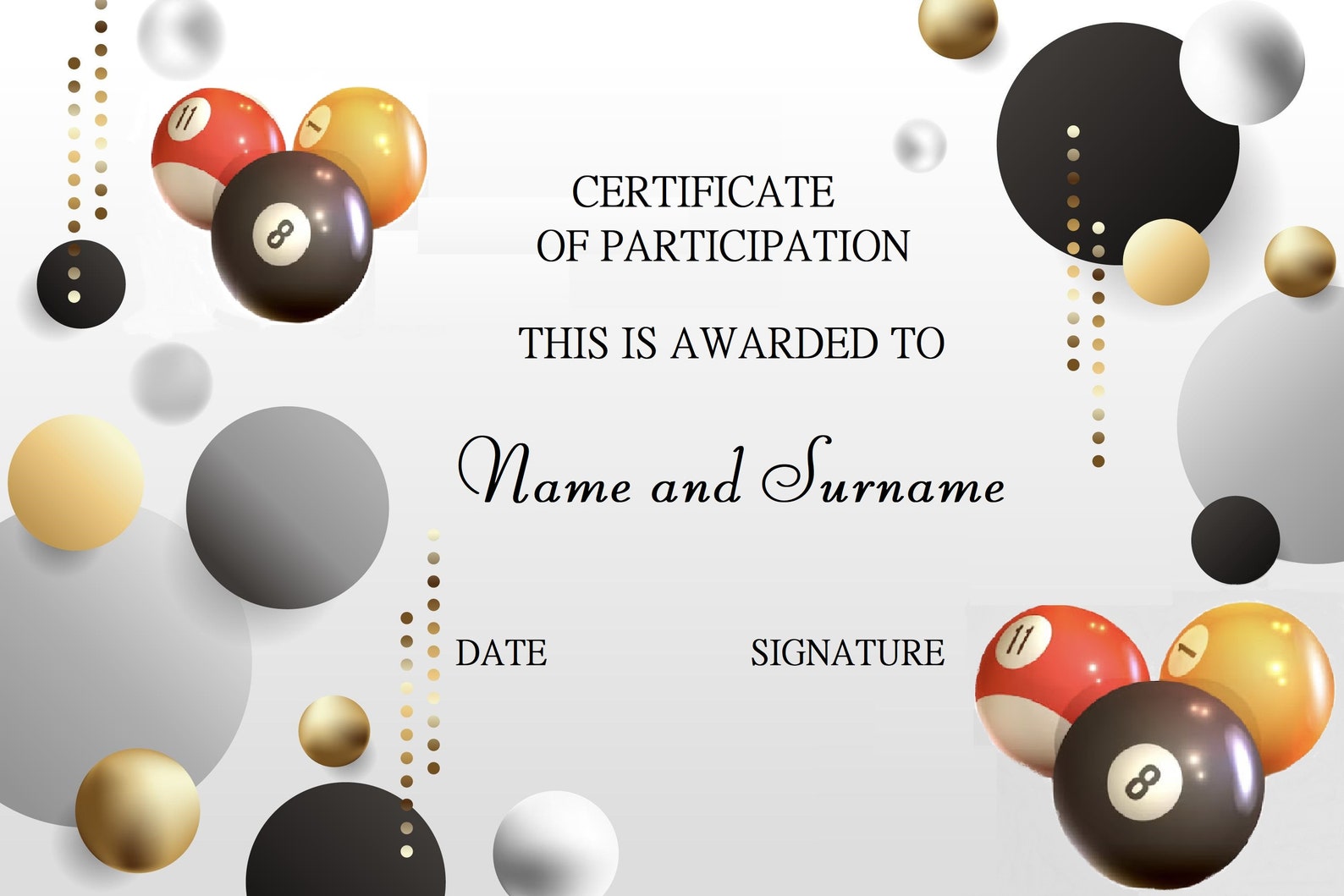 Printable Certificate of Participation in Billiard Tournament ...