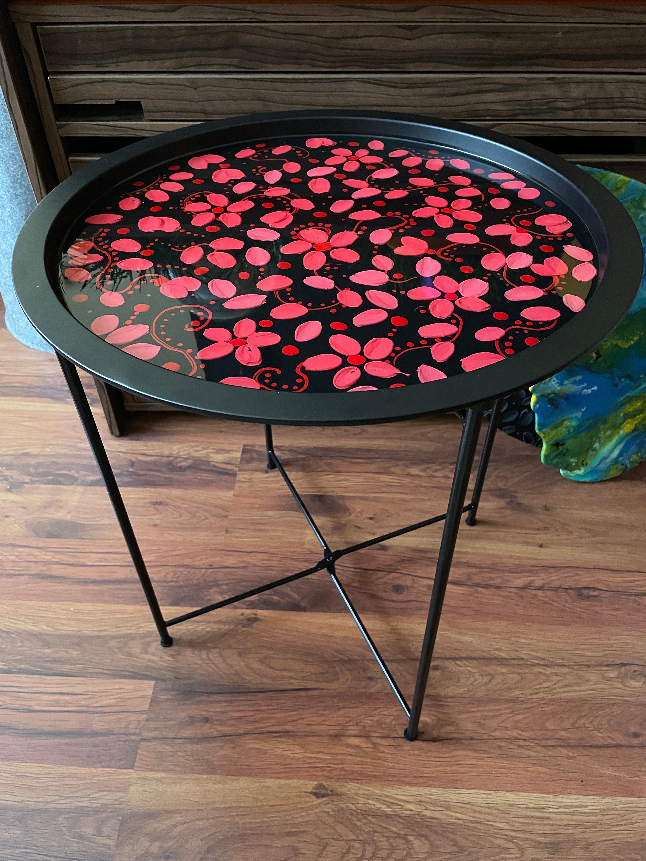Floral Coffee Table, Red Yellow Flowers Design, Round Epoxy Resin Table ...