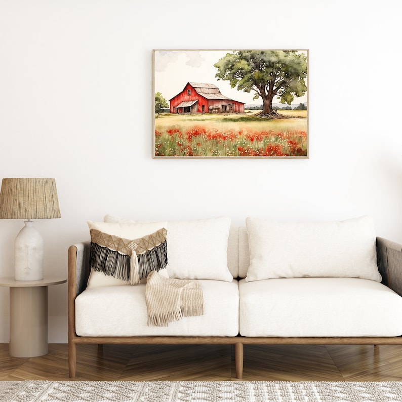 Farmhouse Red Barn Wall Art, Rustic Print, Flowers, Country Landscape ...