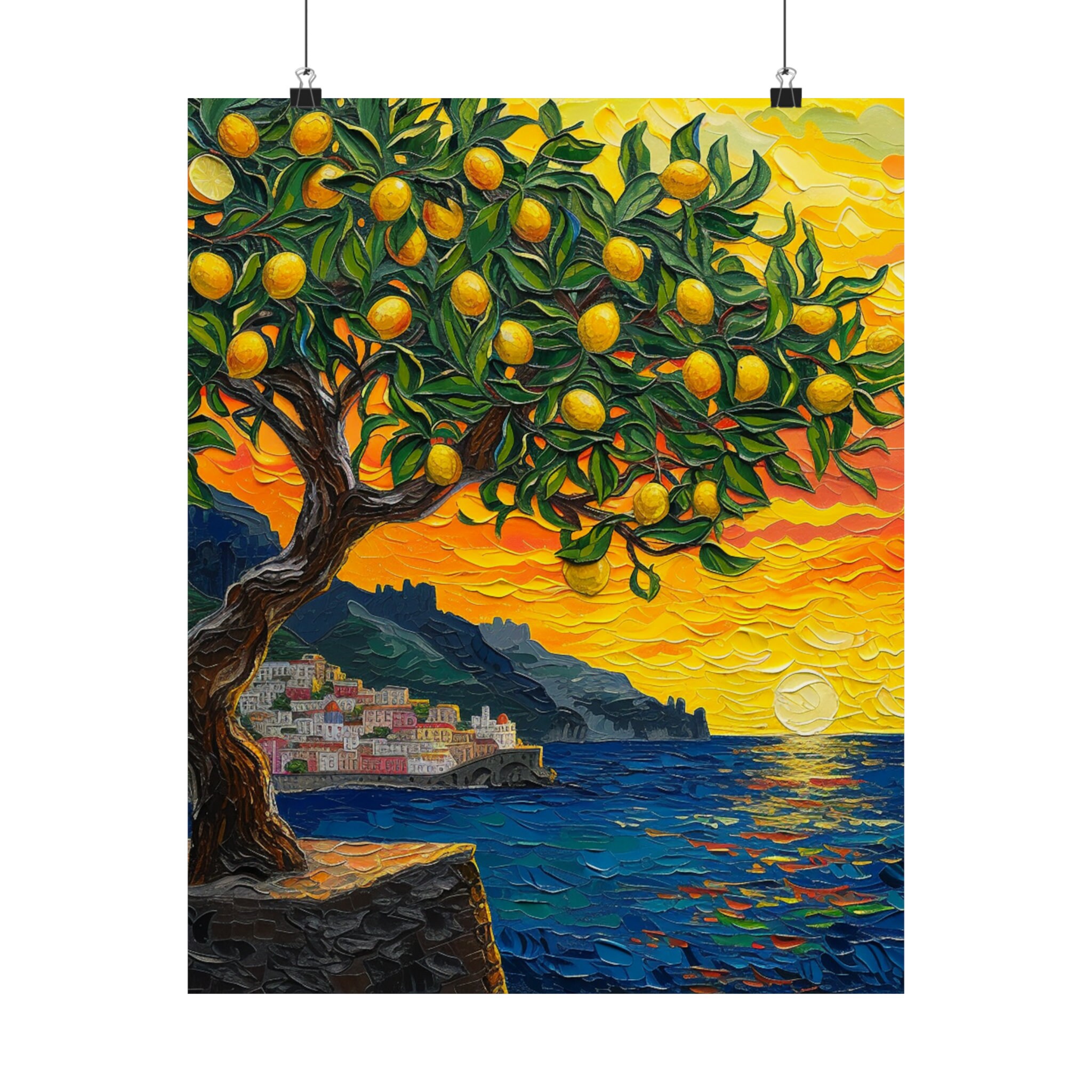 Van Gogh Inspired Amalfi Lemon Tree at Sunset Wall Art Van Gogh Style Oil Painting Amalfi Coast ...