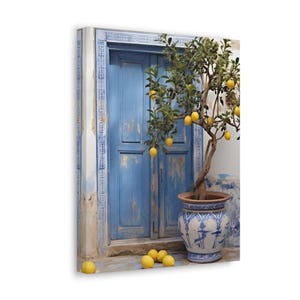 Mediterranean Lemon Tree Canvas Gallery Wrap, Rustic Blue Door Mosaic ...