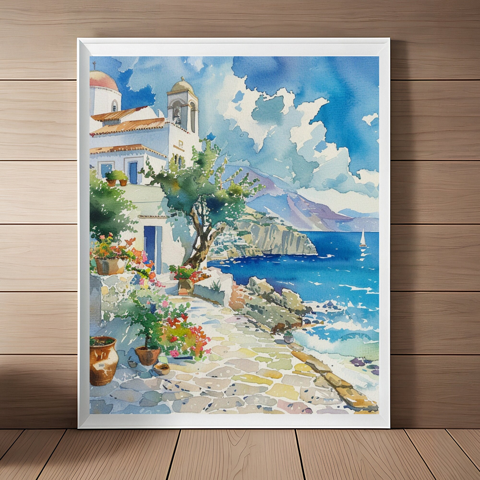 Greece Painting, Coastal Greek Art Print, Quaint Seascape, Europe ...