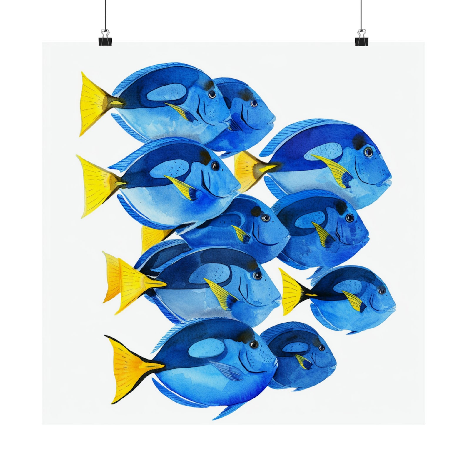 Royal Blue Tang Fish Print, Blue and Yellow School of Fish Watercolor ...