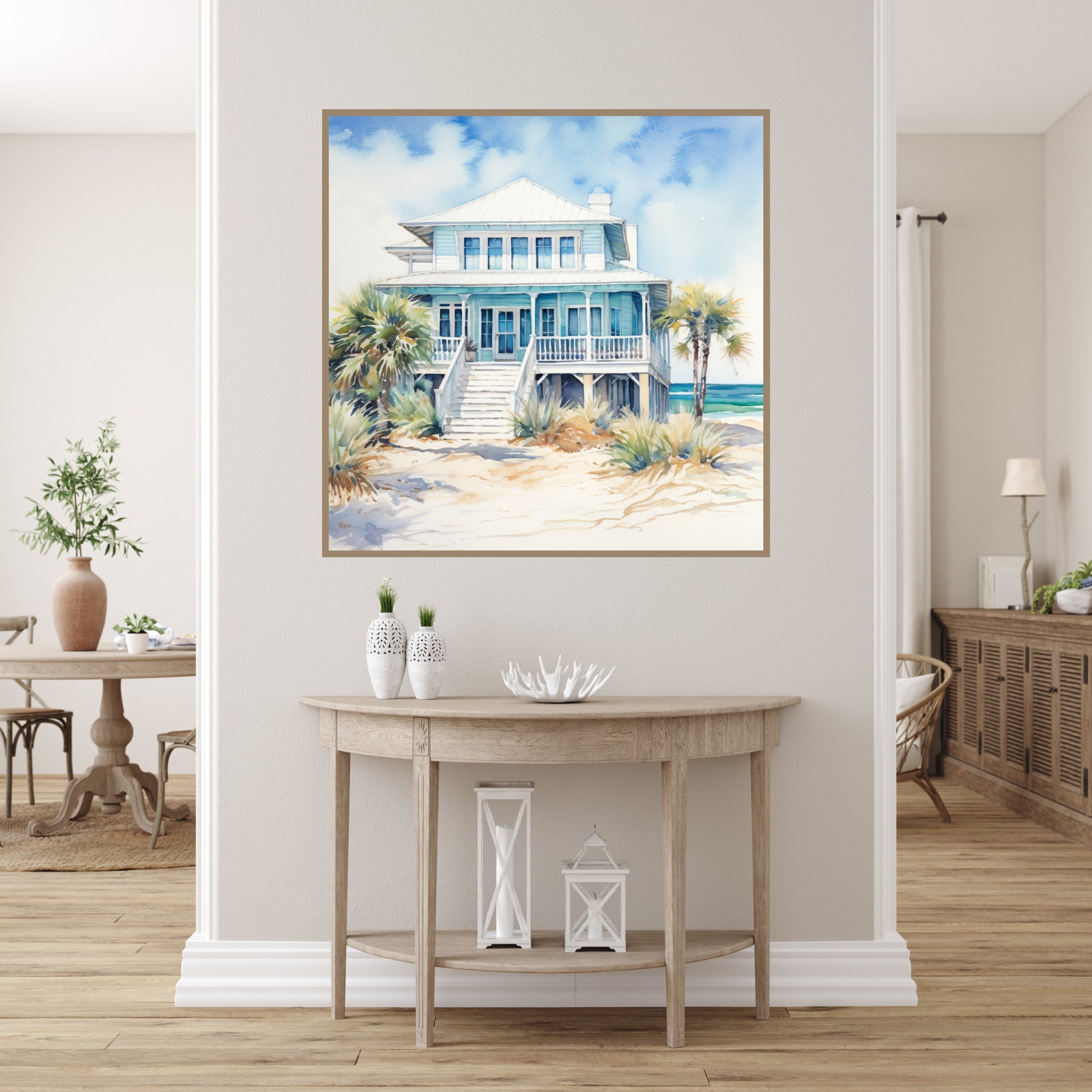 Modern Beach House Watercolor, Beach House Wall Art, Rustic House ...
