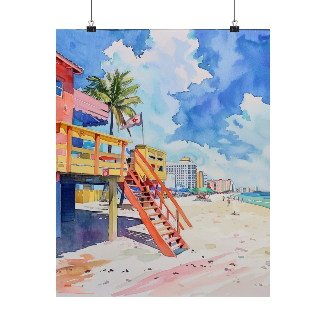 South Beach Painting, Miami Watercolor Art Print, Lifeguard Shack ...