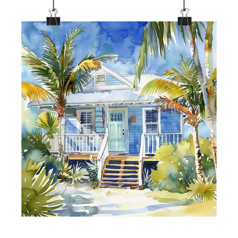 Key West Art, Florida Cottage Painting, Watercolor Print, Island Beach ...