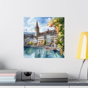 Zurich Switzerland Art, Lake Zurich Watercolor Painting, Limmat River ...