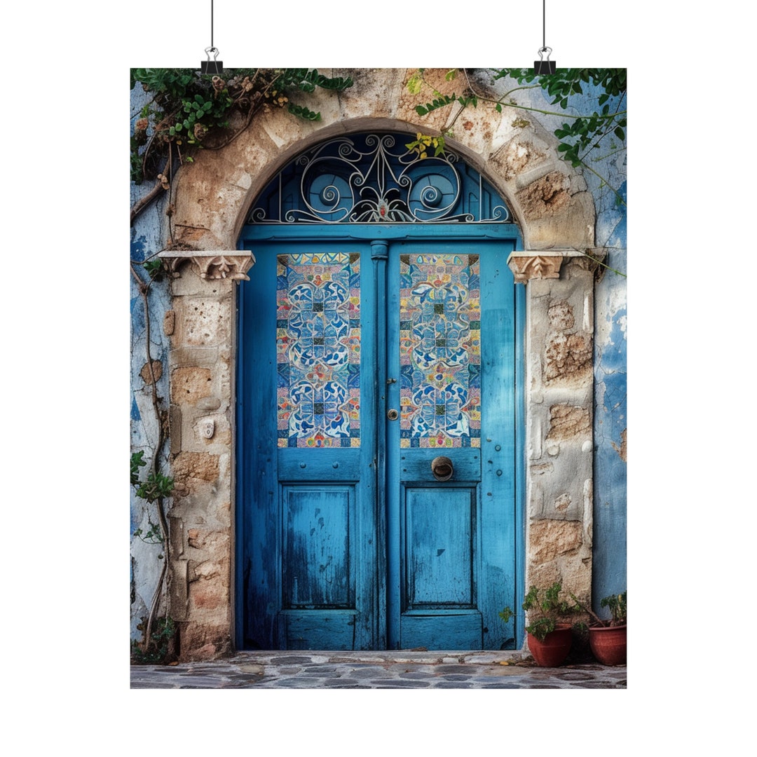 Rustic Mosaic Blue Door Print, Vintage European Door Art Print, Arched ...