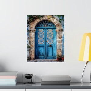 Rustic Mosaic Blue Door Print, Vintage European Door Art Print, Arched ...