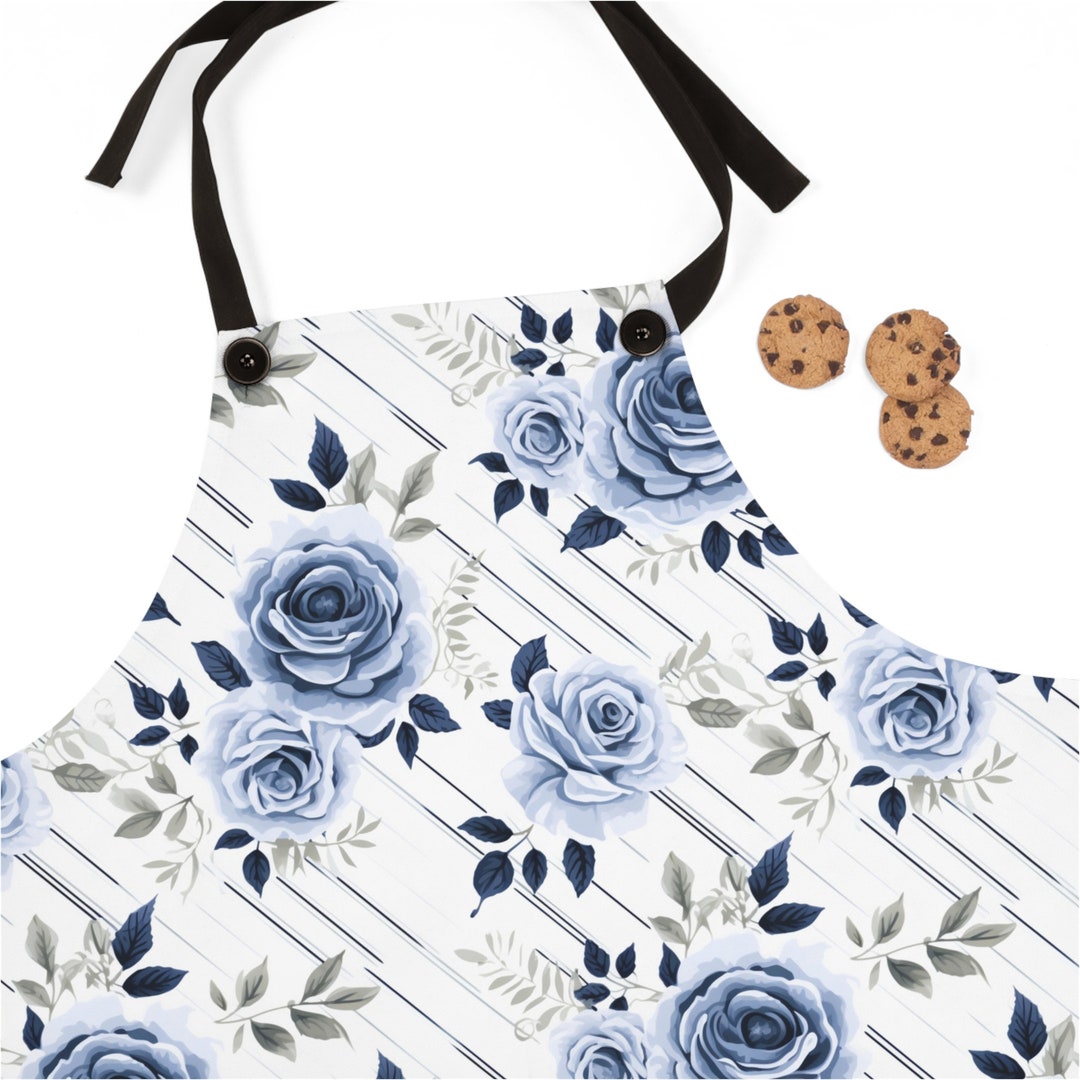 Blue Roses Apron, Floral Apron, Steel Blue Rose Kitchen Decor, Blue ...
