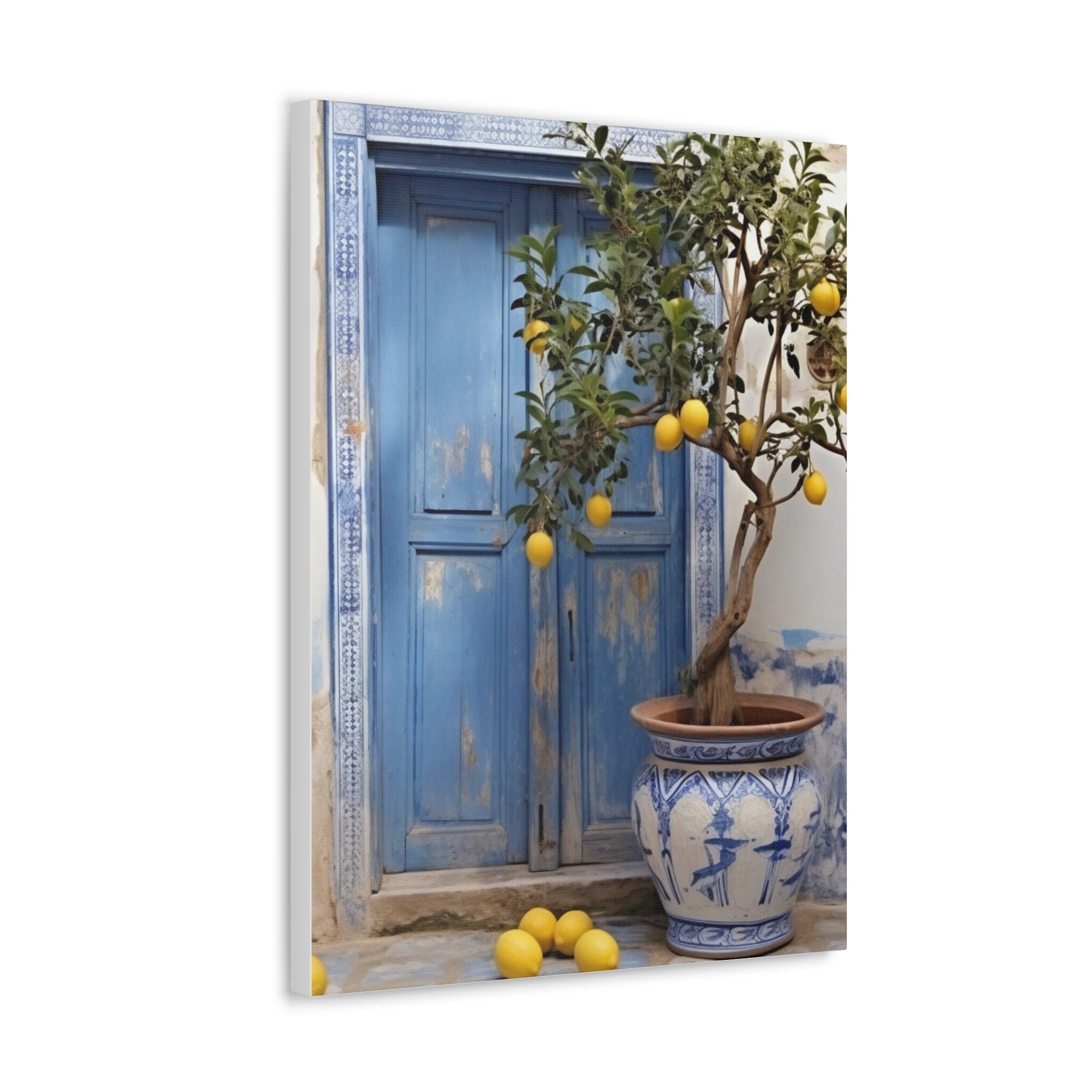 Mediterranean Lemon Tree Canvas Gallery Wrap, Rustic Blue Door Mosaic ...