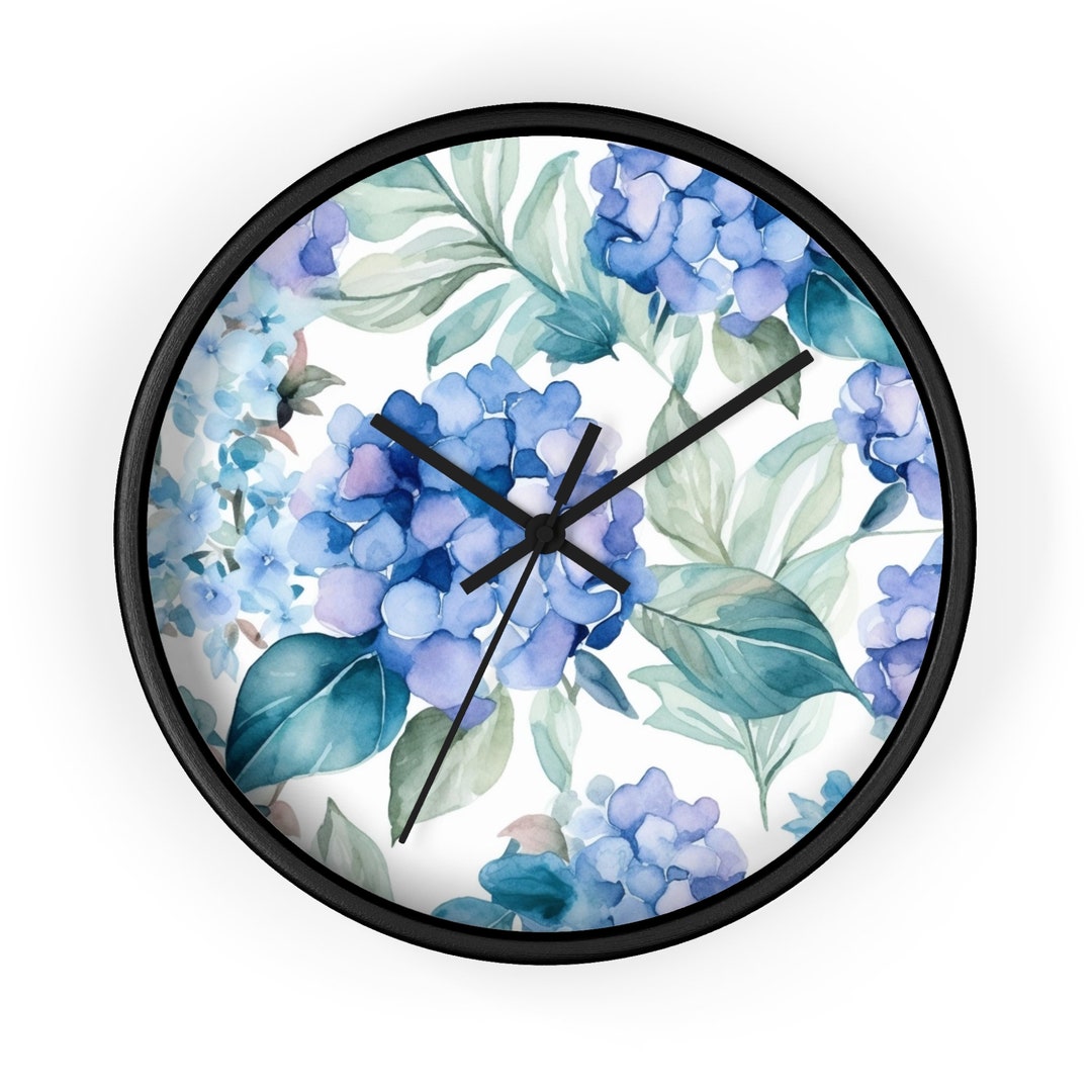 Hydrangea Wall Clock, Blue Floral Kitchen Clock, Floral Wall Clock ...