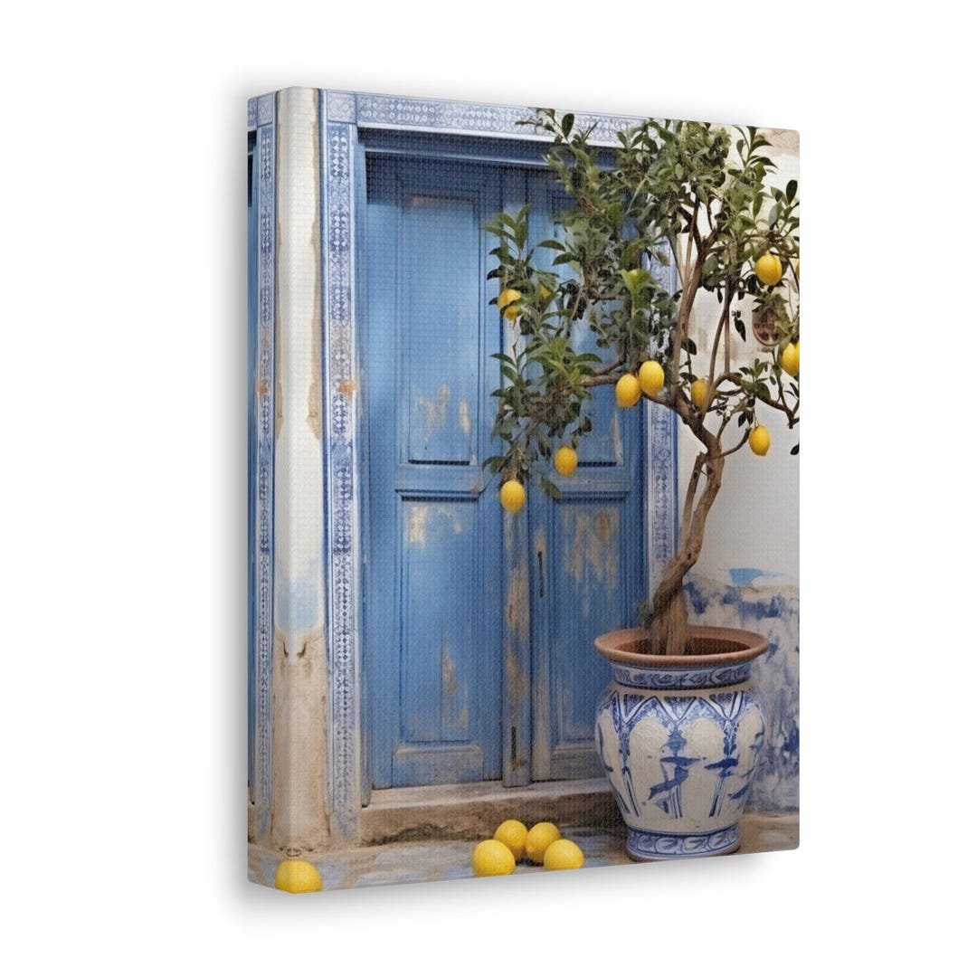 Mediterranean Lemon Tree Canvas Gallery Wrap, Rustic Blue Door Mosaic ...