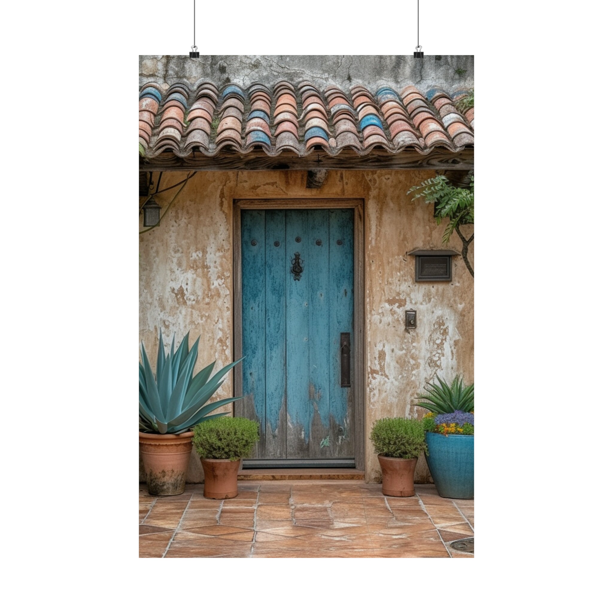 European Rustic Blue Door Art, Vintage Spanish Tile Villa Print, Europe ...