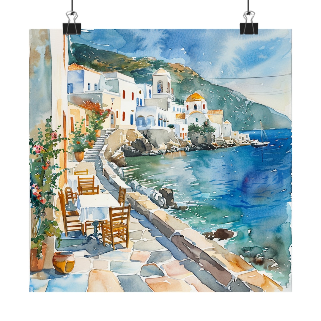 Greece Painting, Seaside Greek Watercolor Art Print, Coastal Wall Art ...