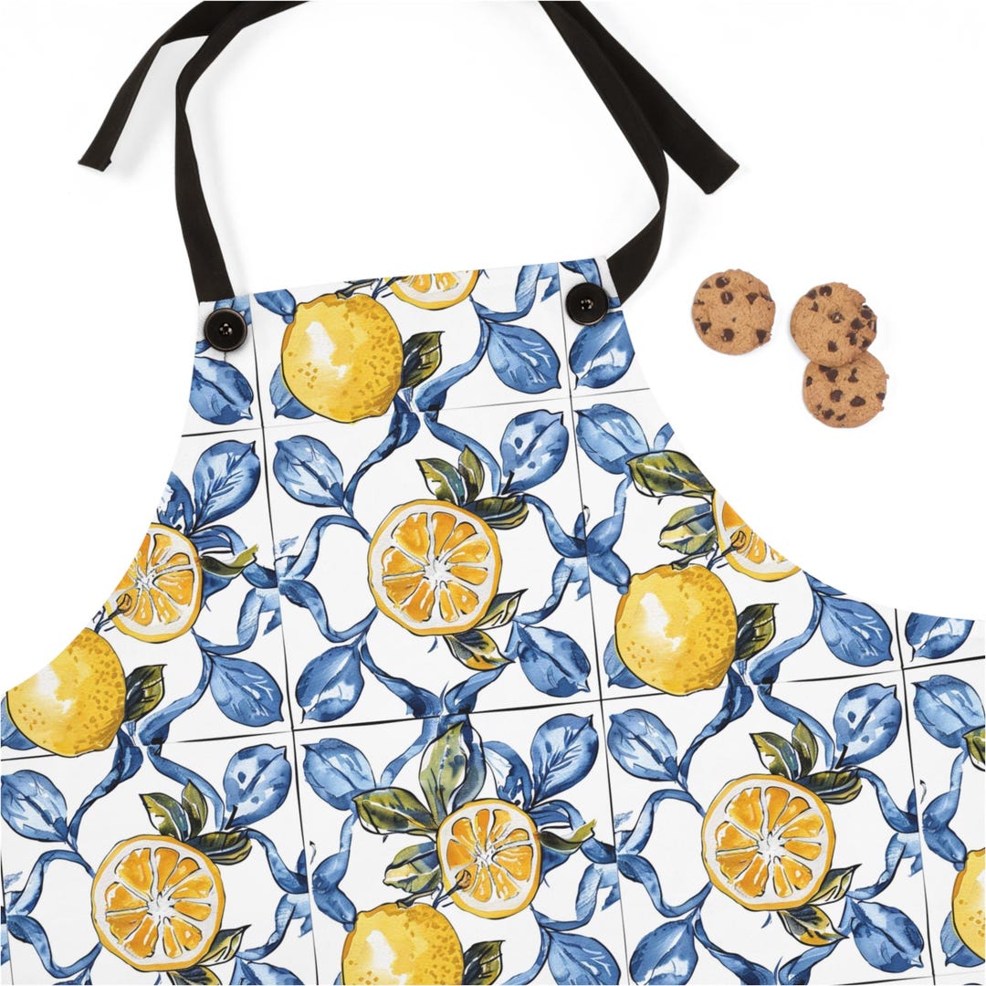 Italian Apron, Mediterranean Lemons and Blue Tiles Baking Apron, Blue ...