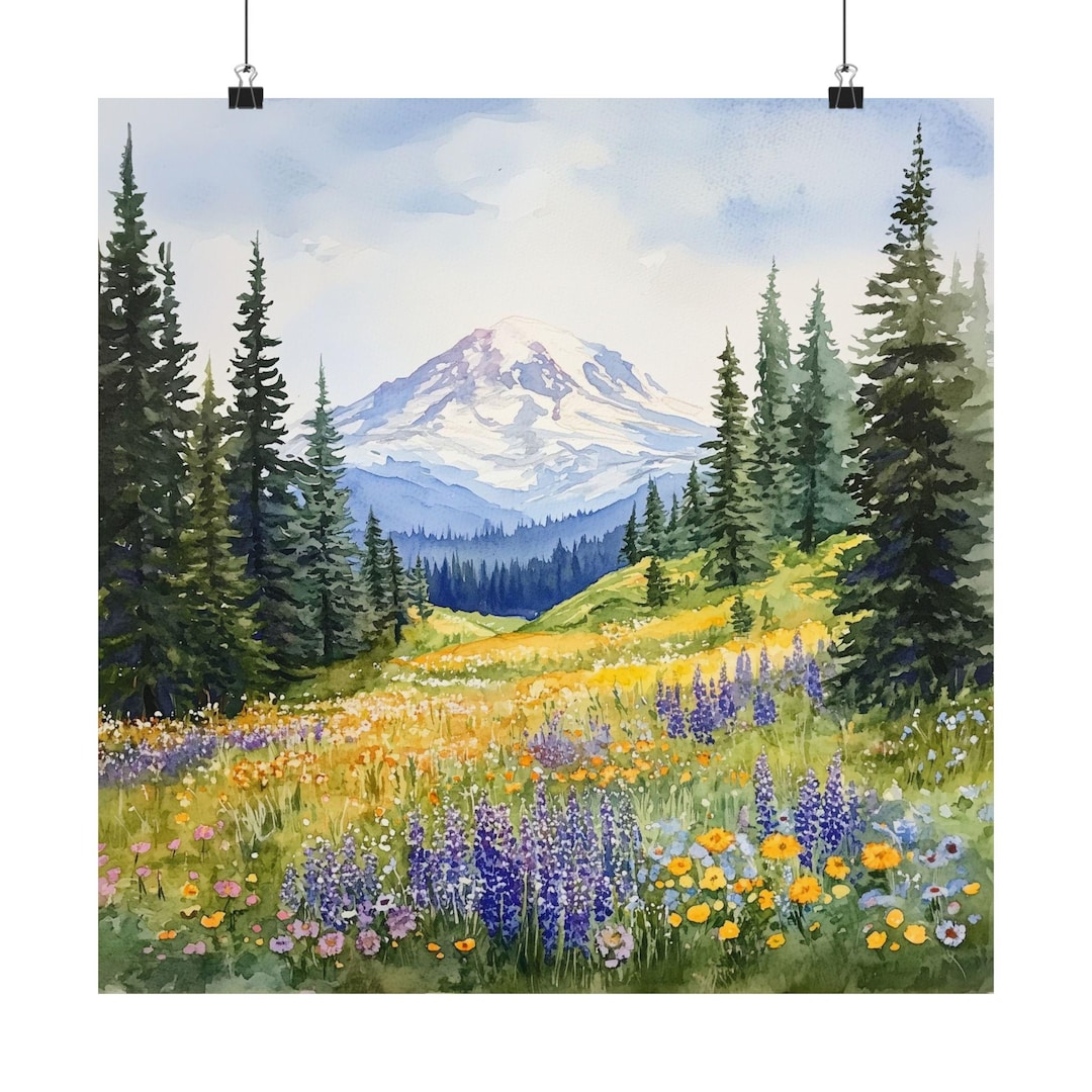 Mount Rainier Art, Washington Watercolor Painting, Wildflowers, Pacific ...