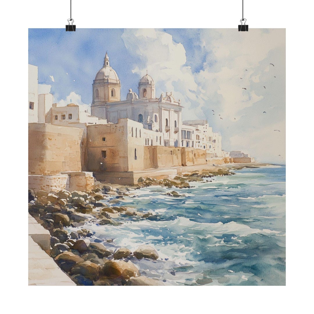 Cádiz Art, Coastal Spain Watercolor Painting, Andalucia Mediterranean ...