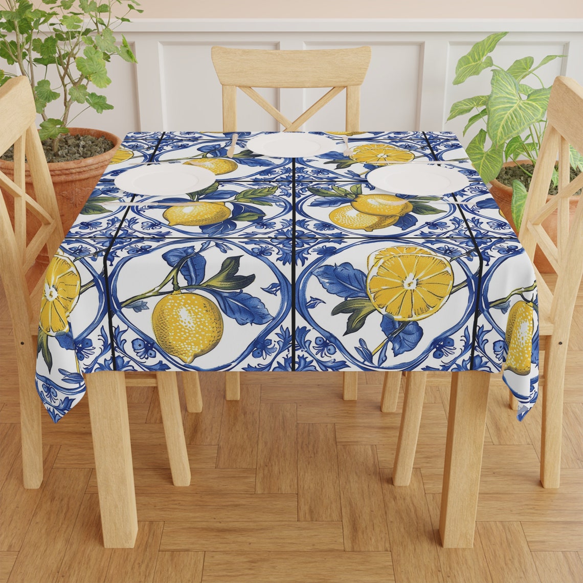 Italian Lemon Tile Tablecloth, Blue and Yellow Tablecloth, Brunch Decor ...