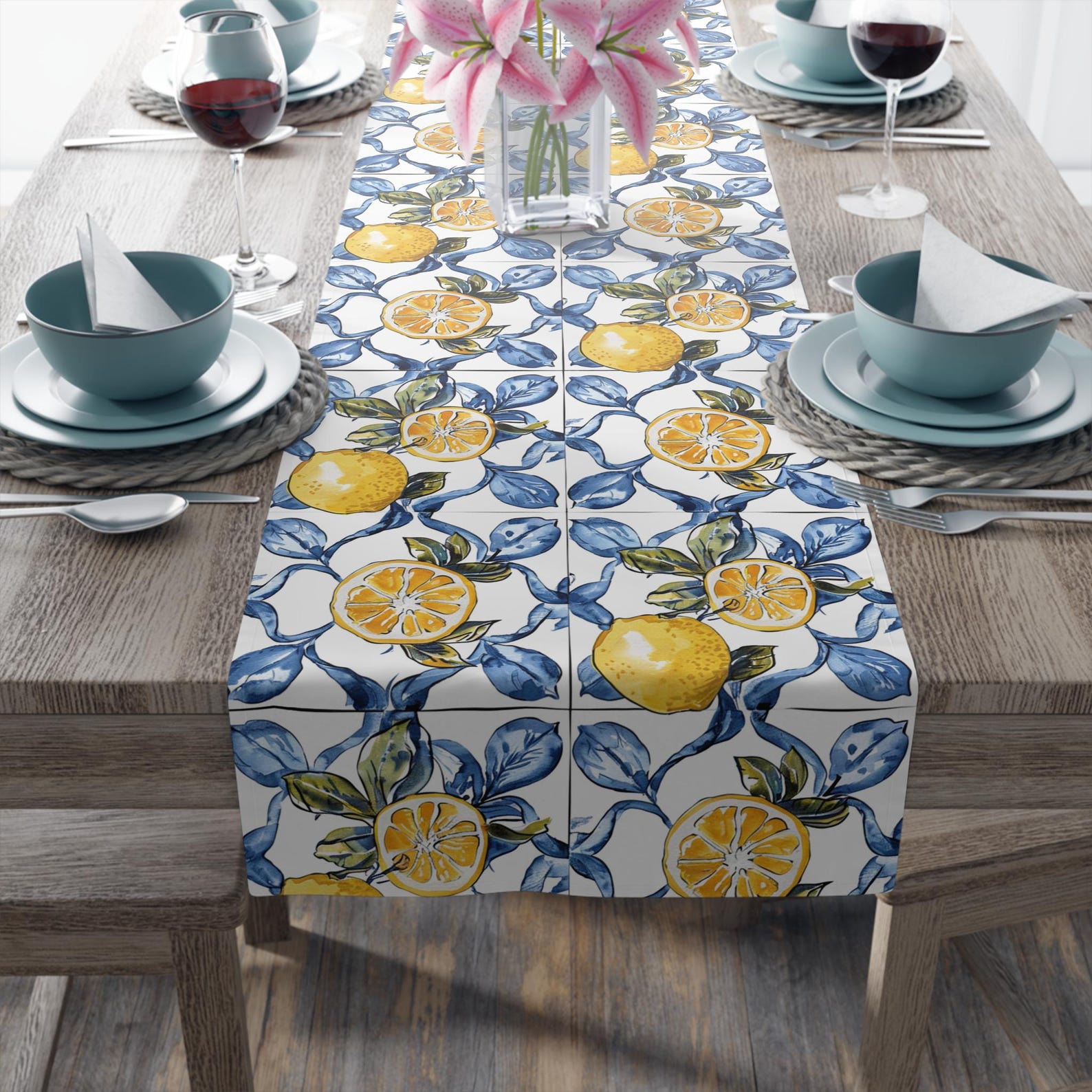 Italian Table Runner, Mediterranean Lemons and Blue Tiles Table Runner ...