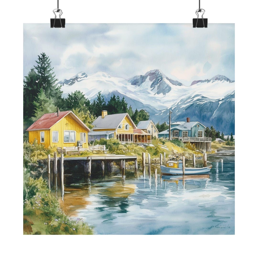 Alaska Painting, Alaskan Glaciers Art Print, Watercolor Houses on Water ...