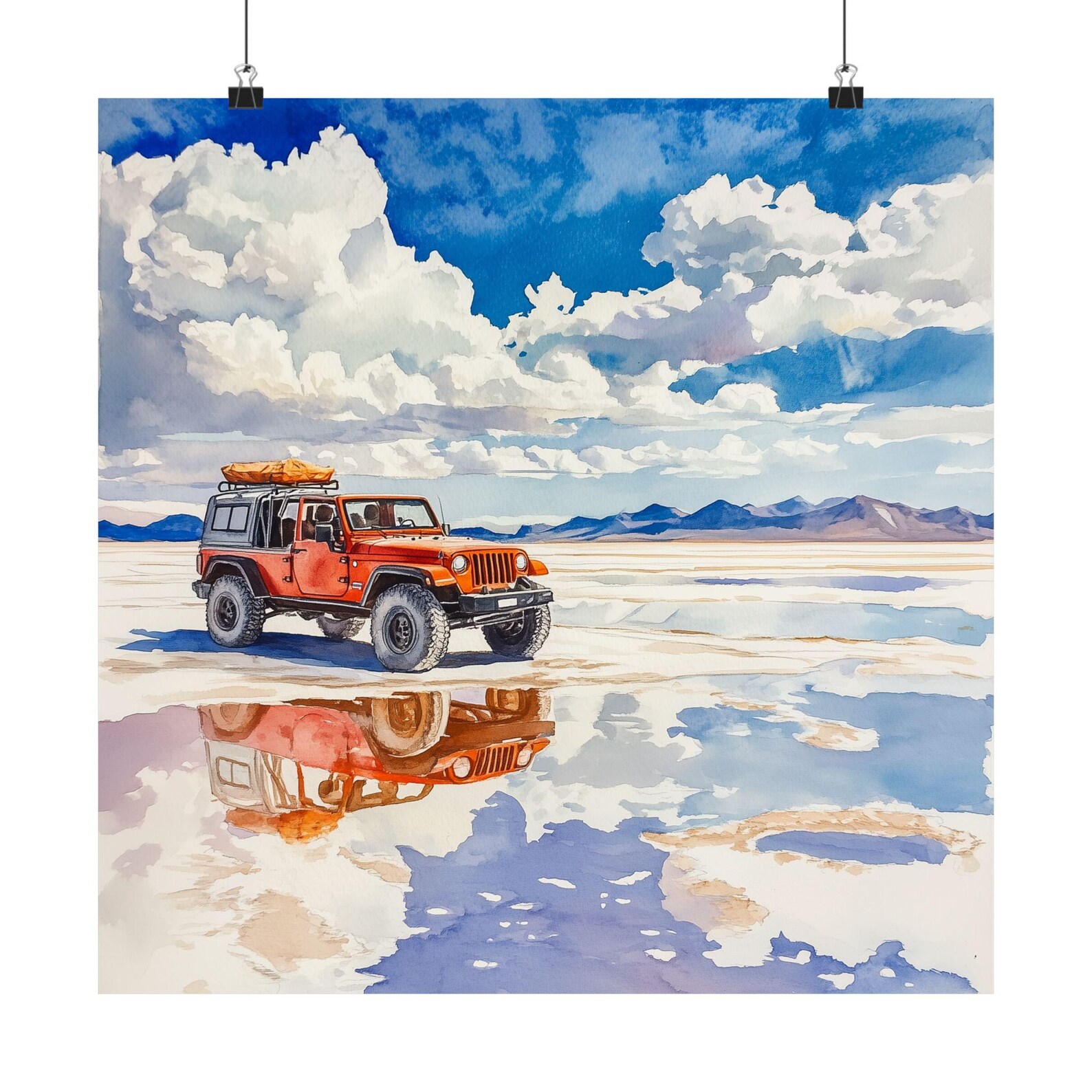 Uyuni Salt Flat Watercolor Painting: Red Jeep, Bolivia Travel Art - Etsy