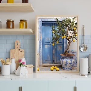 Mediterranean Lemon Tree Wall Art, Rustic Blue Door Mosaic and Lemons ...