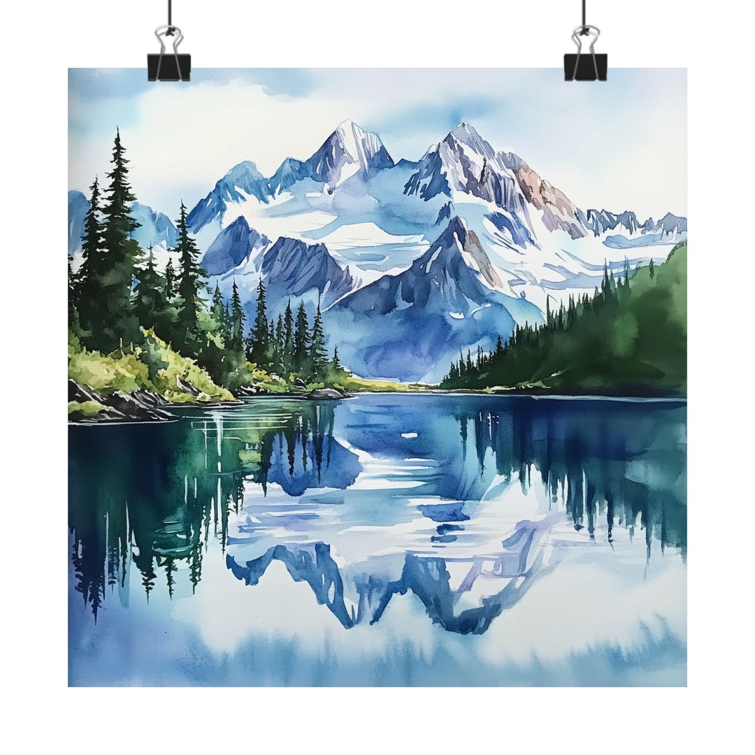 Alaska Watercolor Print, Lakeside Painting, Alaskan Glaciers and Fir ...