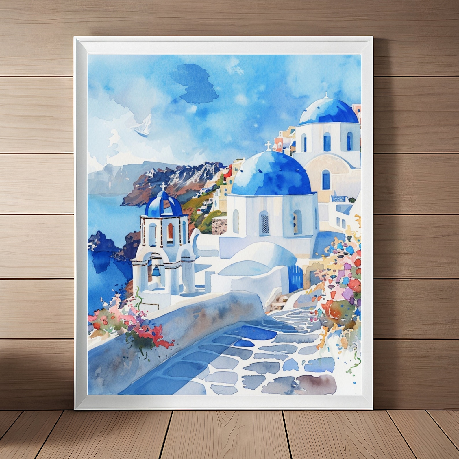 Santorini Painting Greek Blue Domes Aegean Sea View Art Print Greece ...