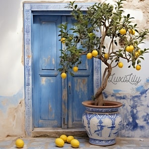 Mediterranean Lemon Tree Wall Art, Rustic Blue Door Mosaic and Lemons ...