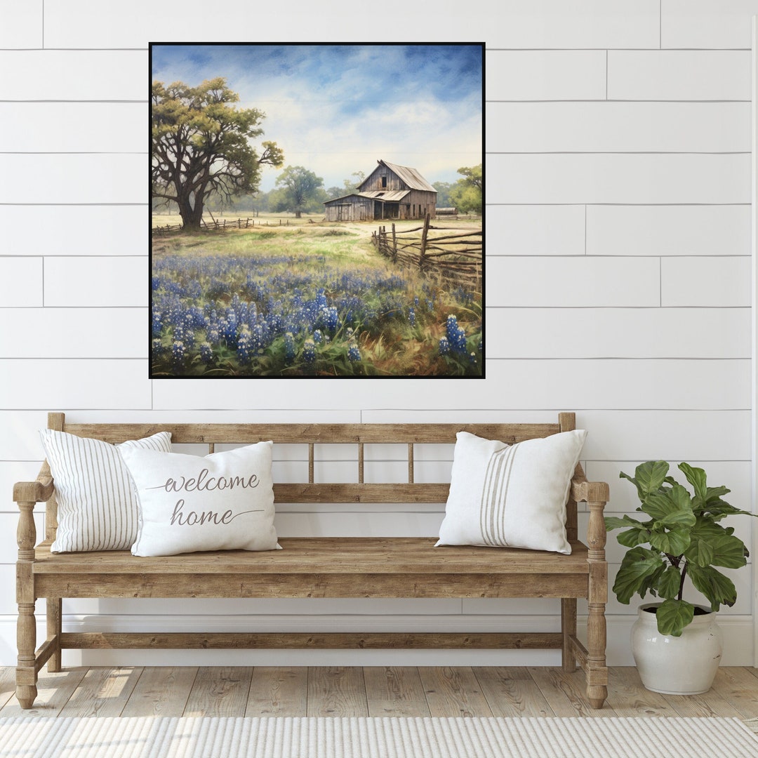 Farmhouse Bluebonnet Barn Wall Art, Rustic Print, Blue Flowers, Country ...