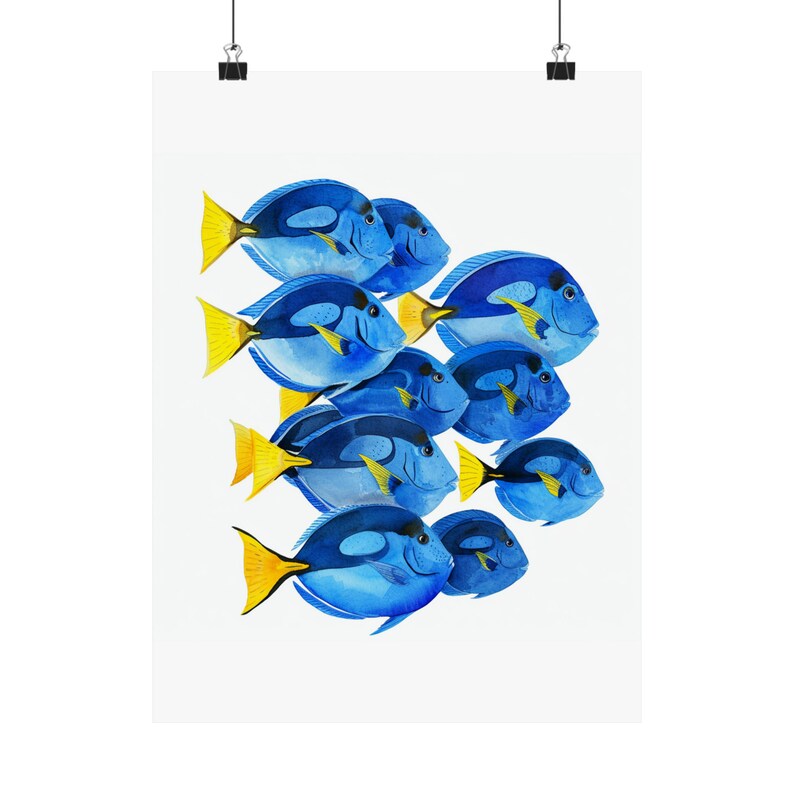 Royal Blue Tang Fish Print, Blue and Yellow School of Fish Watercolor ...