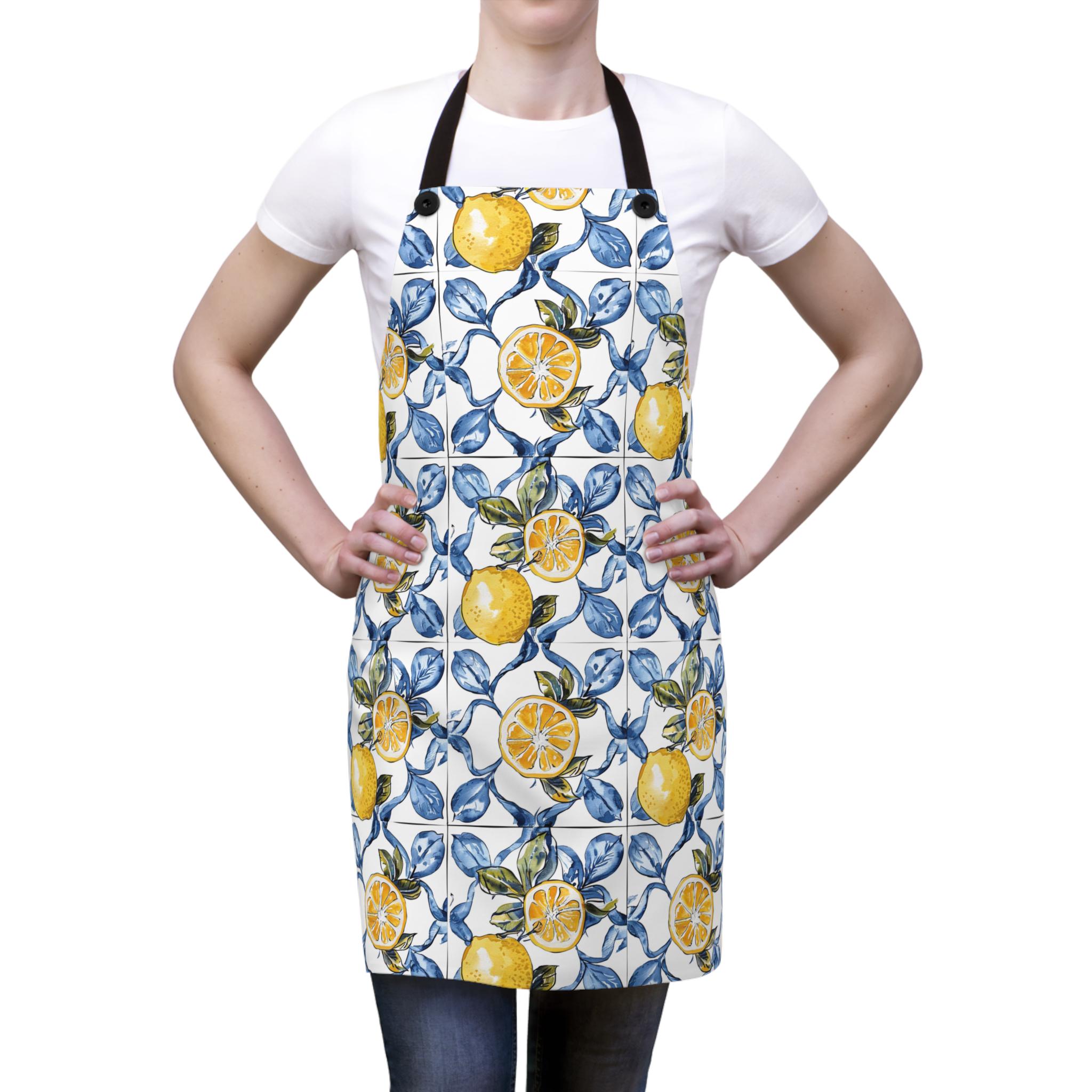 Italian Apron, Mediterranean Lemons and Blue Tiles Baking Apron, Blue ...