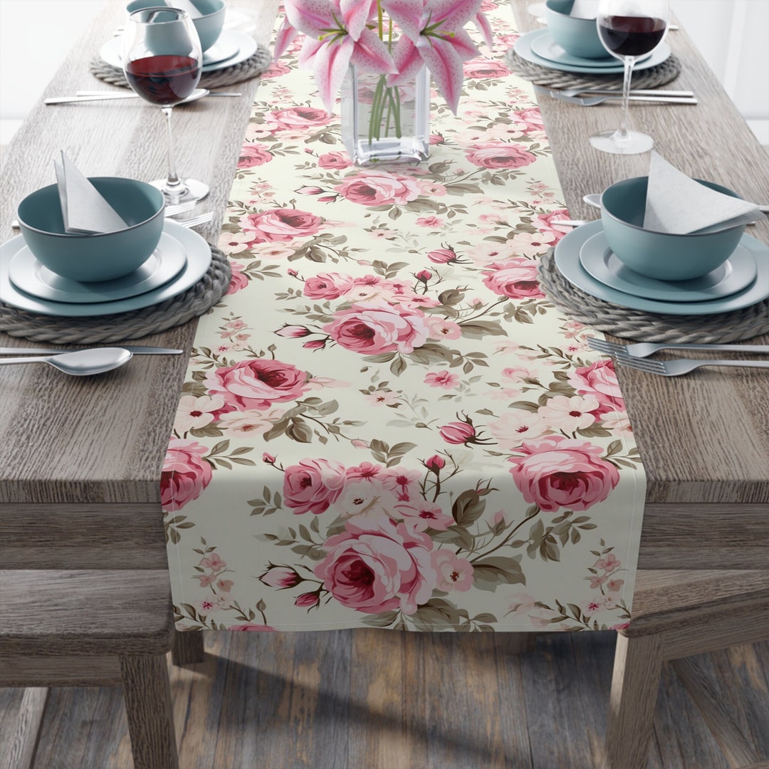 Shabby Chic Roses Table Runner: Vintage Floral Kitchen Decor, Spring Home Decor, Pink Shabby ...