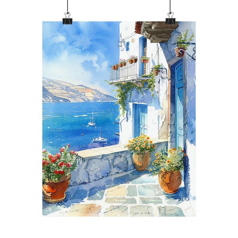 Coastal Greece Seascape Painting, Greek Wall Art, Greek Blue Door and ...