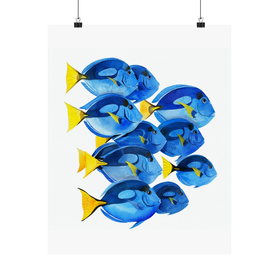 Royal Blue Tang Fish Print, Blue and Yellow School of Fish Watercolor ...
