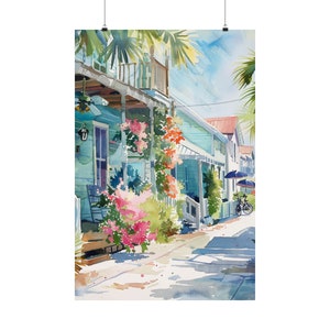 Key West Streetscape Art, Florida Keys Painting, Quaint Floral Beach ...