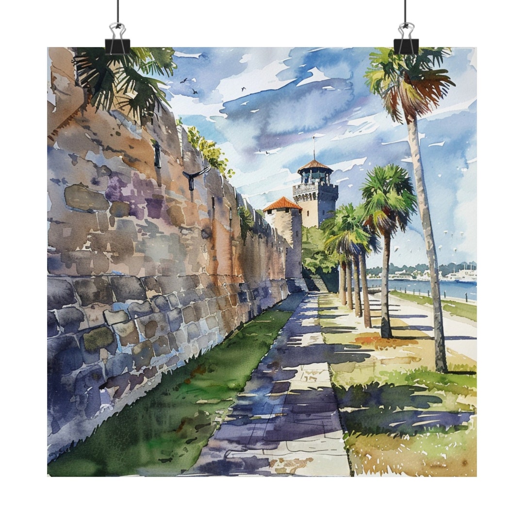 St Augustine Fort Painting North Florida Art Print, Watercolor Seascape ...