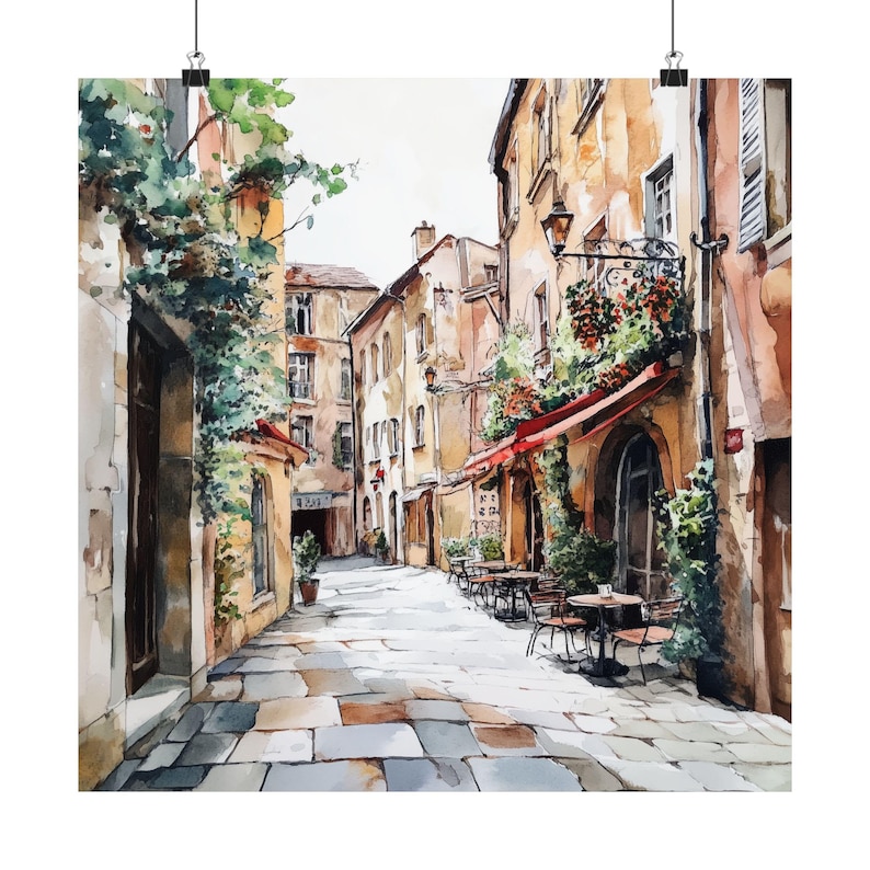 Lyon Art, France Watercolor Painting, Quaint French Cafe, Streetscape ...