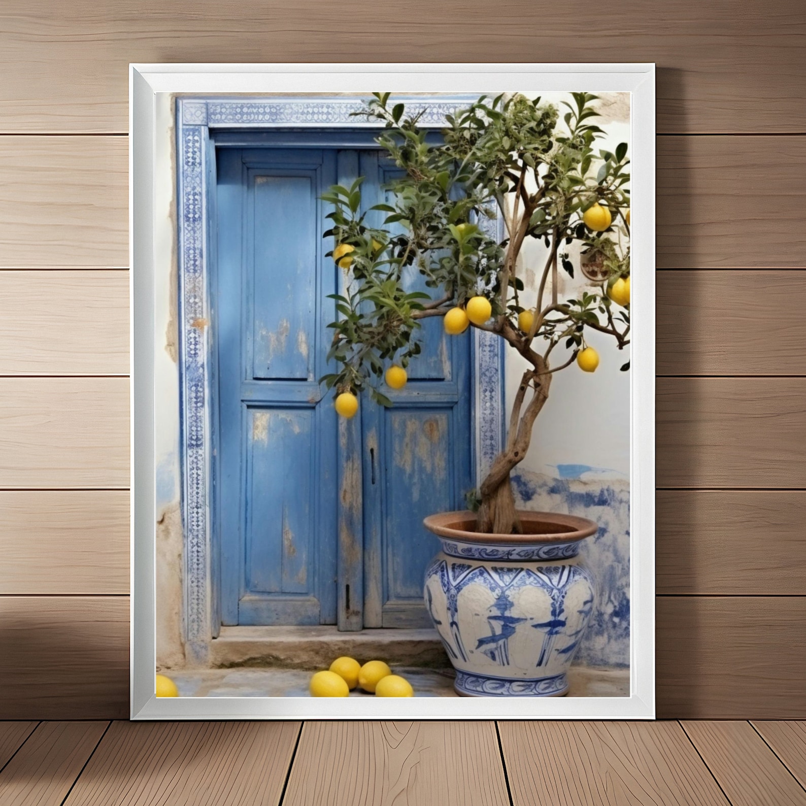 Mediterranean Lemon Tree Wall Art, Rustic Blue Door Mosaic and Lemons ...