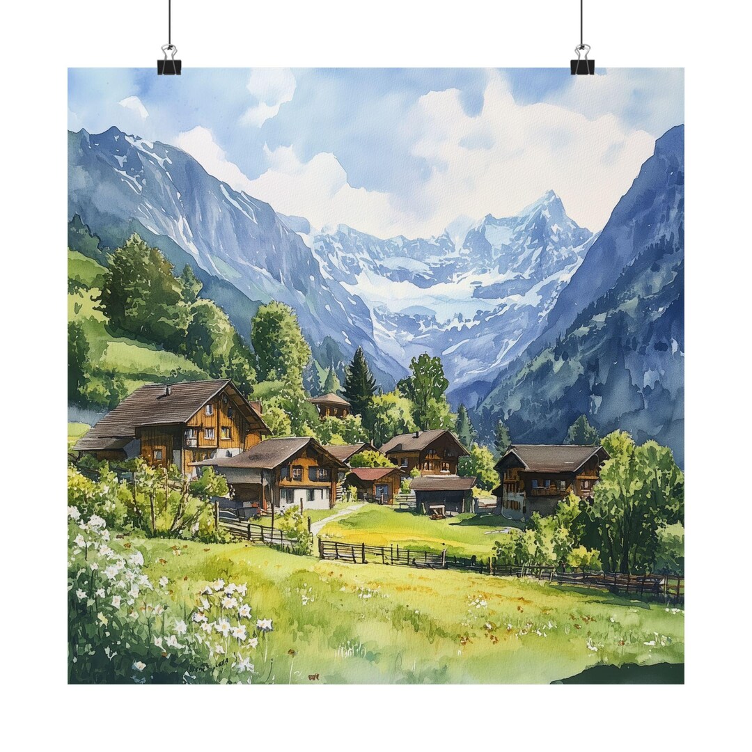 Gimmelwald Art, Swiss Alps Watercolor Painting, Switzerland Wall Art ...