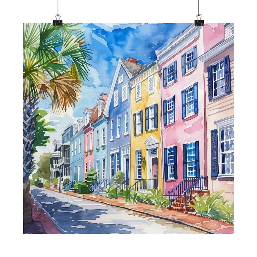 Charleston Rainbow Row Streetscape Art Print, South Carolina Watercolor ...