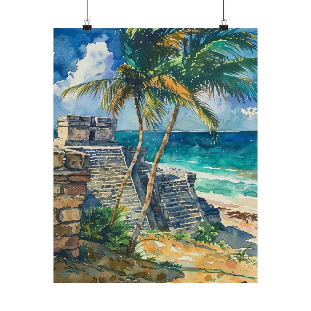 Tulum Painting Mayan Pyramids Art Print, Coastal Wall Art, Mayan ...