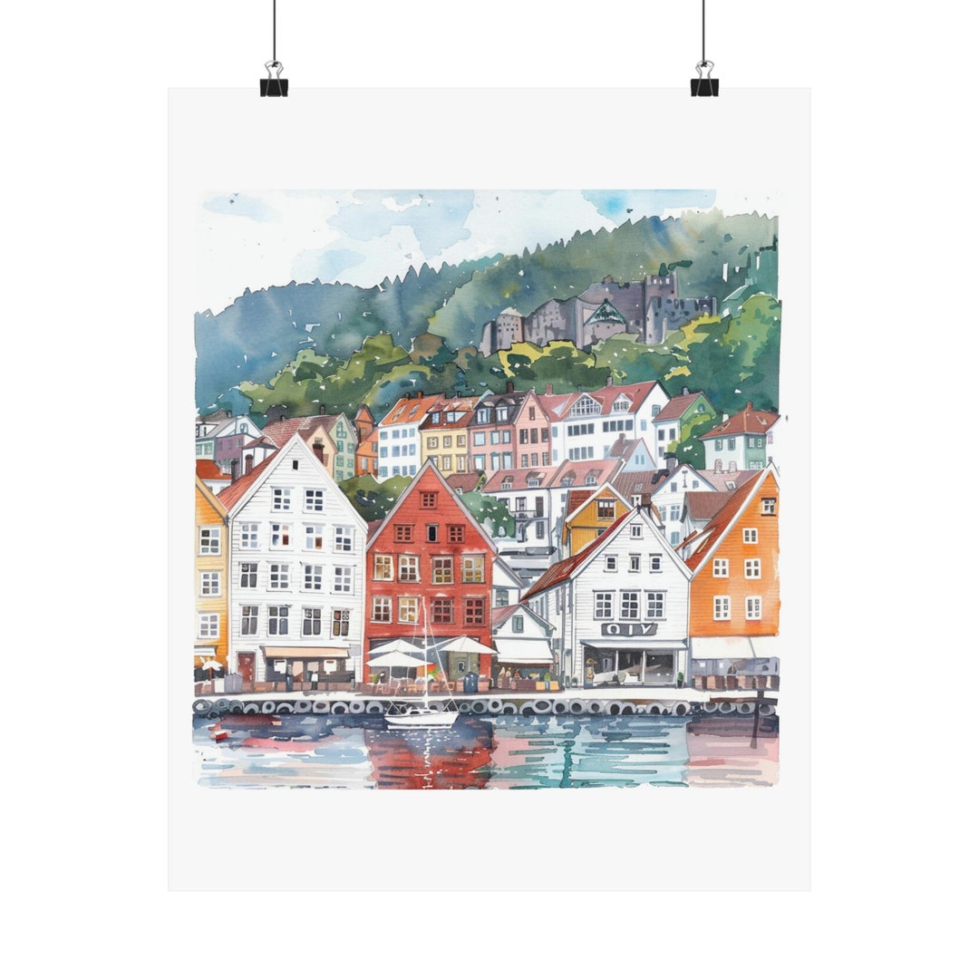 Watercolor Bergen Art Print, Norway Art, Bergen Painting, Norwegian ...