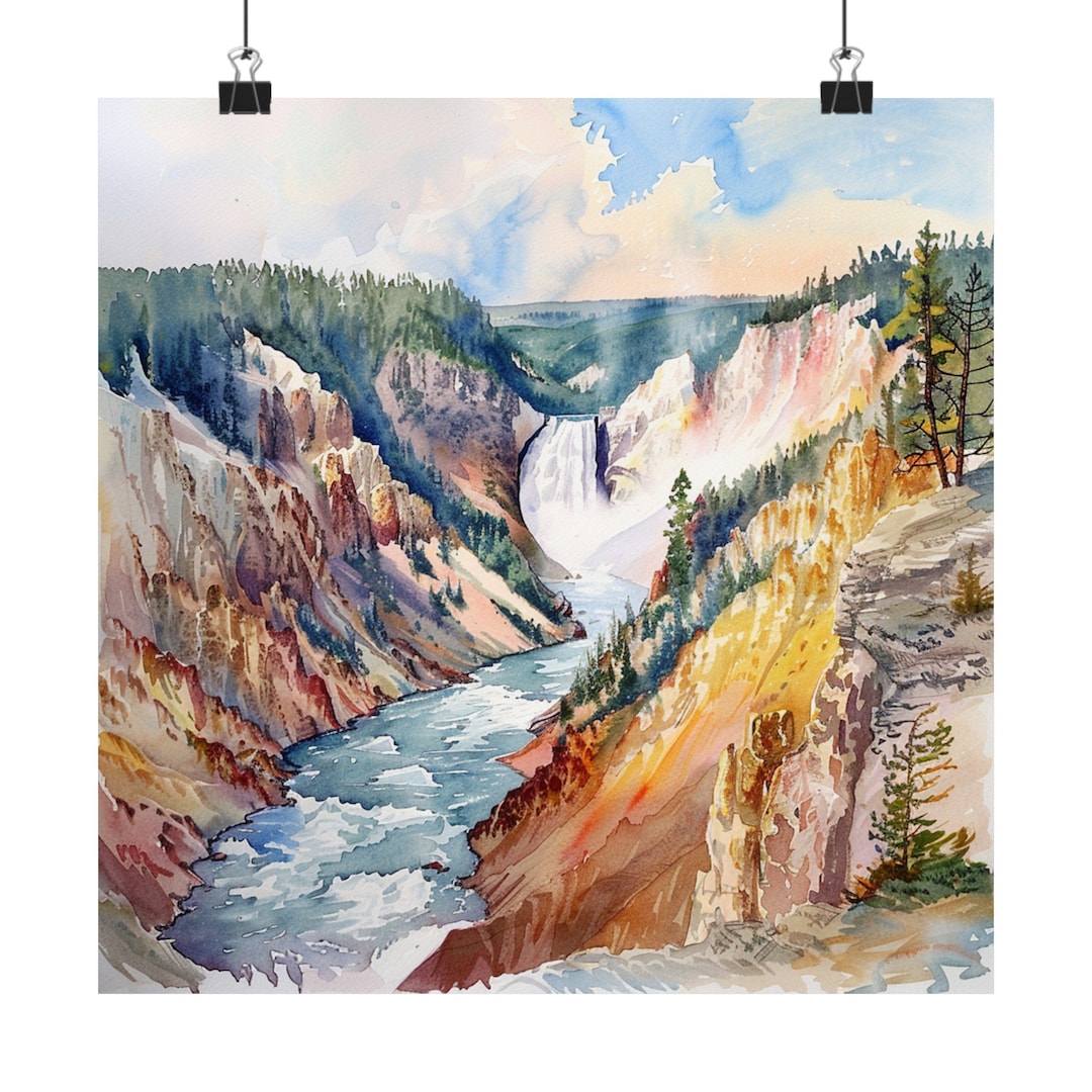 Yellowstone National Park Painting, Waterfall Art Print, Nature Print ...
