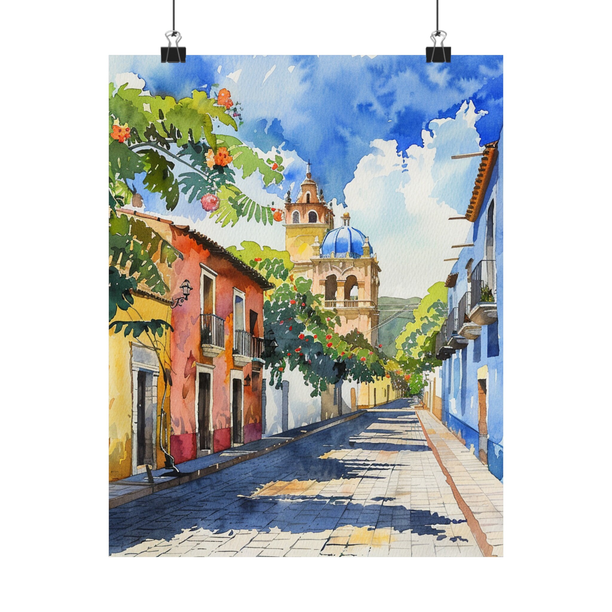 Oaxaca Mexico Poster, Oaxaca City Colorful Streetscape Watercolor Wall ...